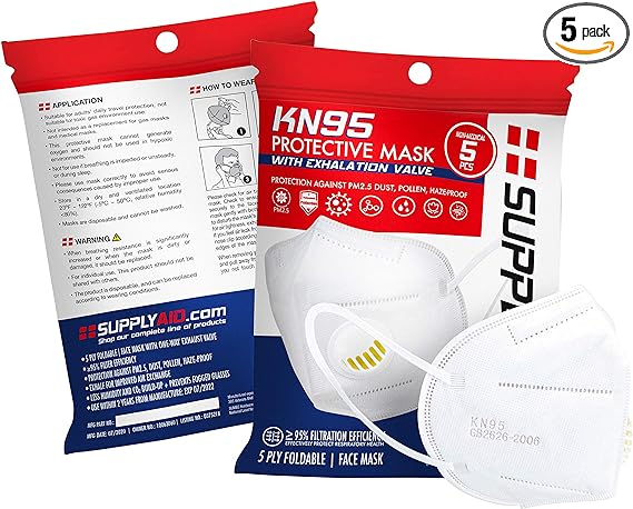 5 Pack SupplyAID KN95 Face Mask W Exhalation Valve