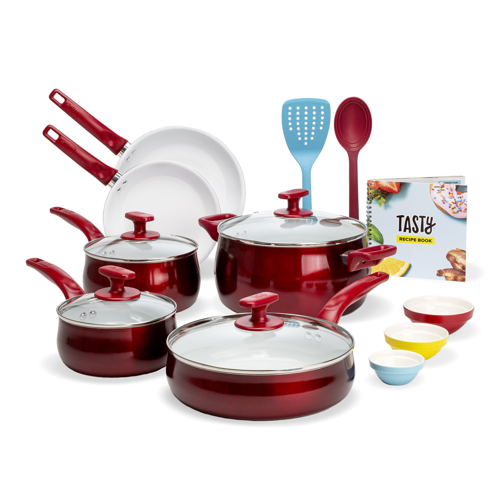 Tasty Ceramic Titanium-Reinforced Cookware Set, Red, 16 Piece - $49