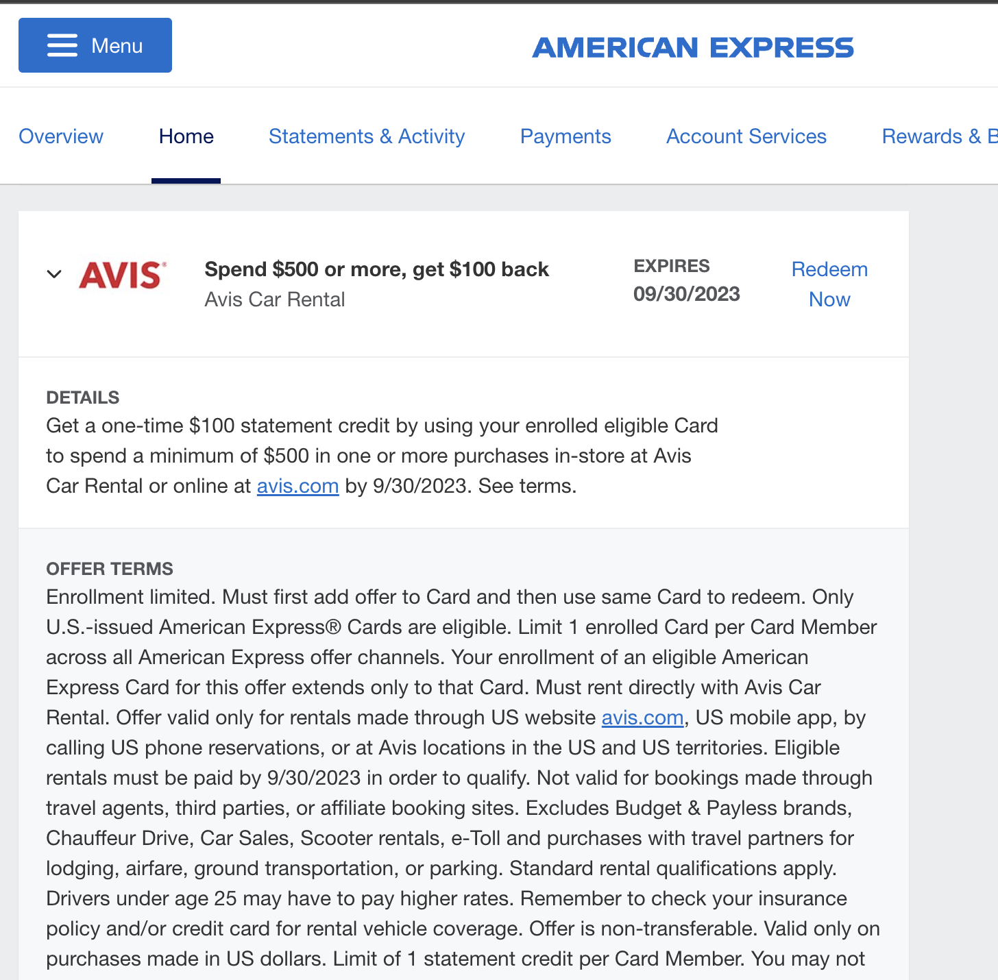 AMEX - AVIS Spend $500 OR more, get $100 back (YMMV) $399.94