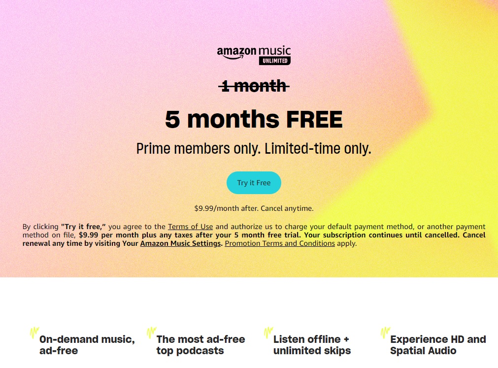 Select Prime Members: 5-Month Amazon Music Unlimited Individual Plan