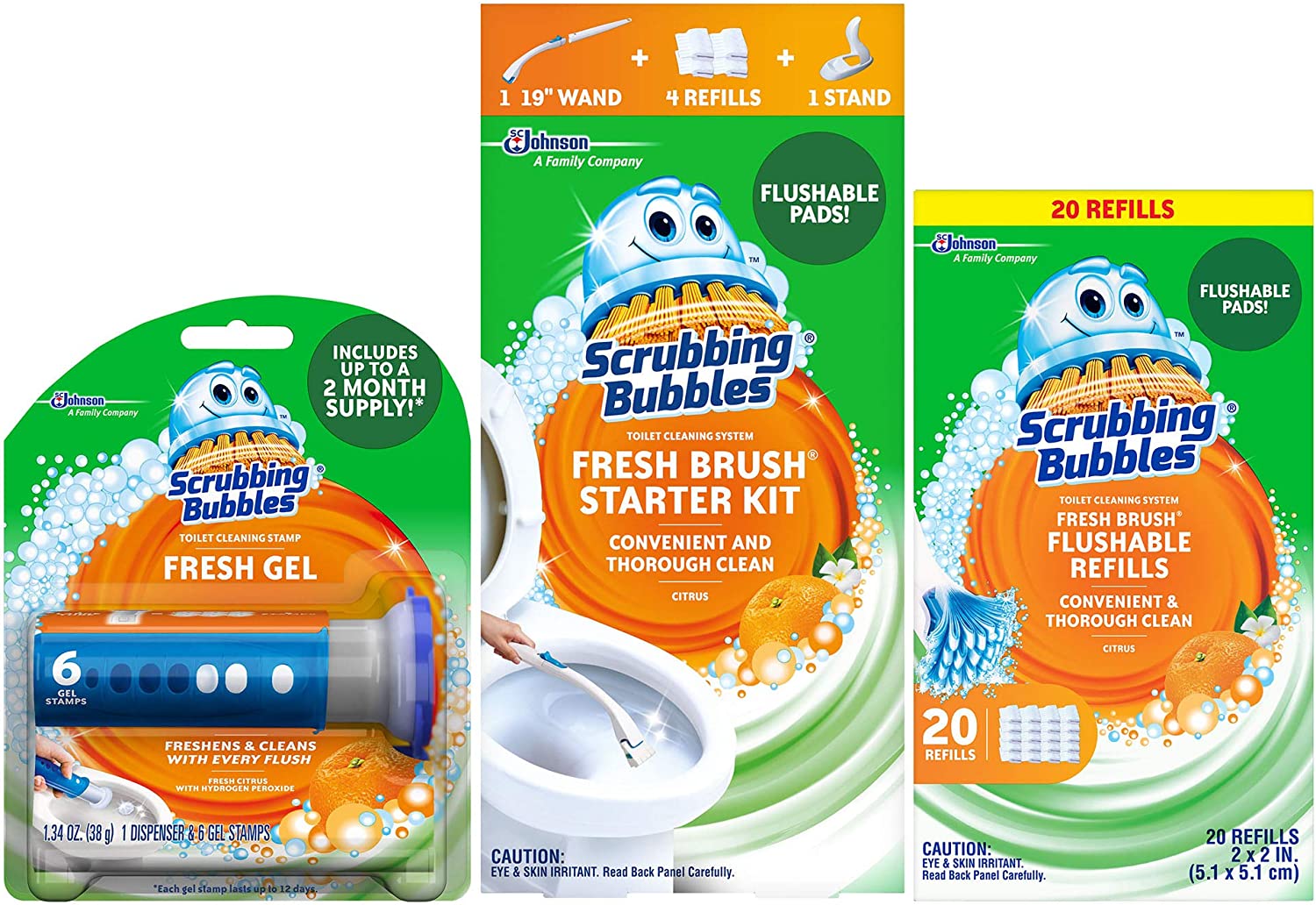 3-Piece Scrubbing Bubbles Set (Citrus): 6-Ct Fresh Gel Stamps & 20-Ct Fresh Brush Flushable ...