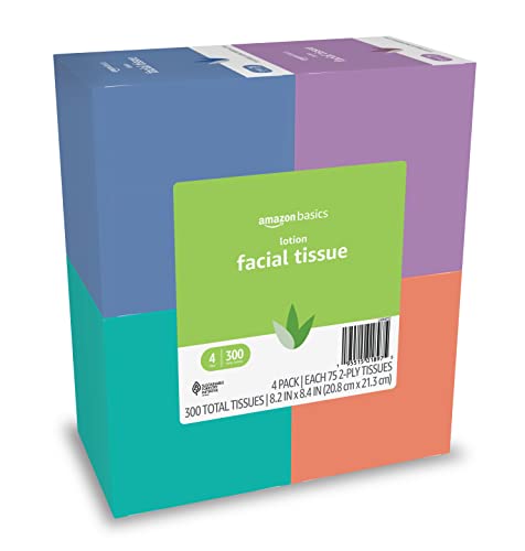 Amazon Basics Facial Tissue with Lotion, 75 Tissues per Box, 4 Cube ...