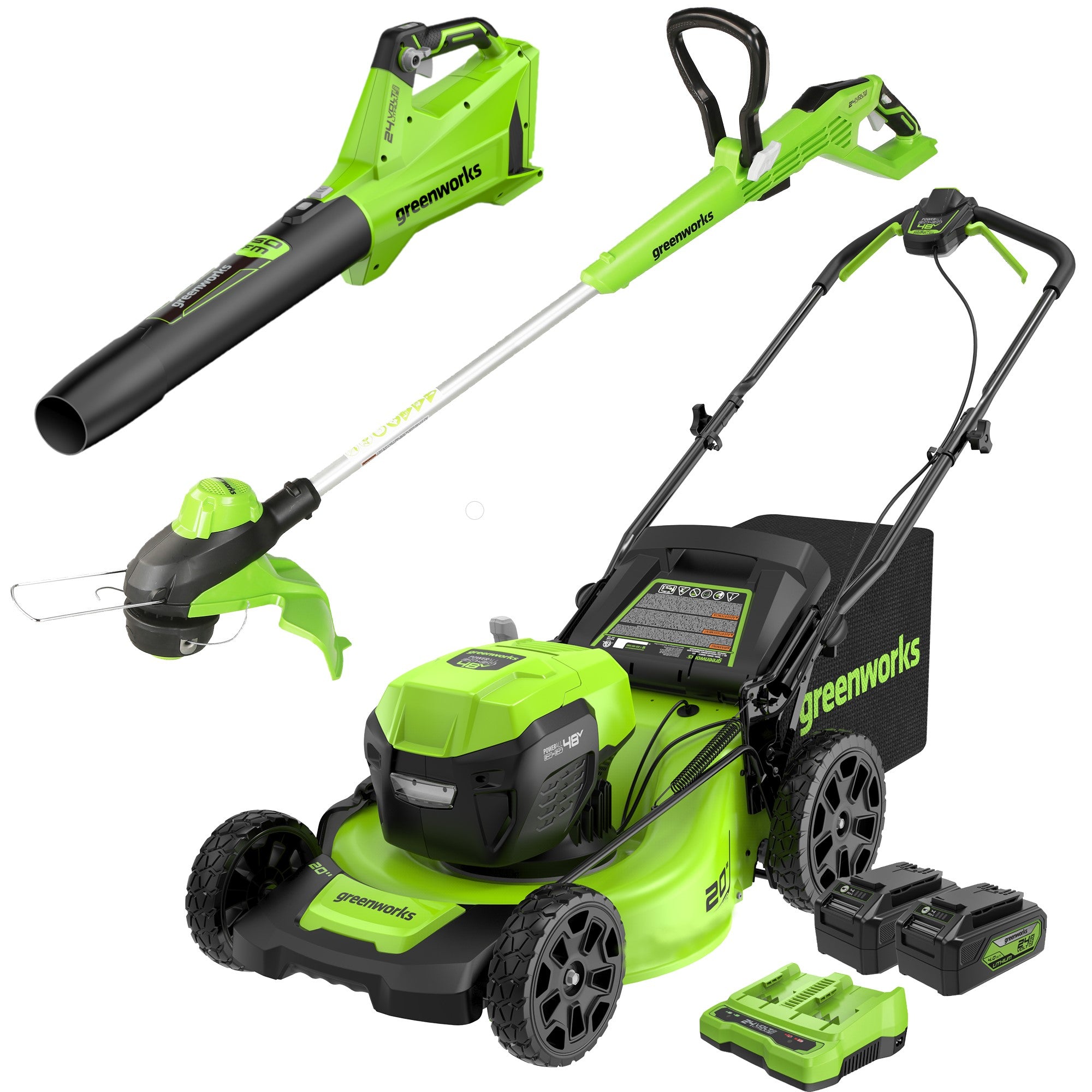 48V (2x24V) 20" Cordless Battery Mower, 13" String Trimmer, & 450 CFM Blower Combo Kit w/ (2) 4 ...