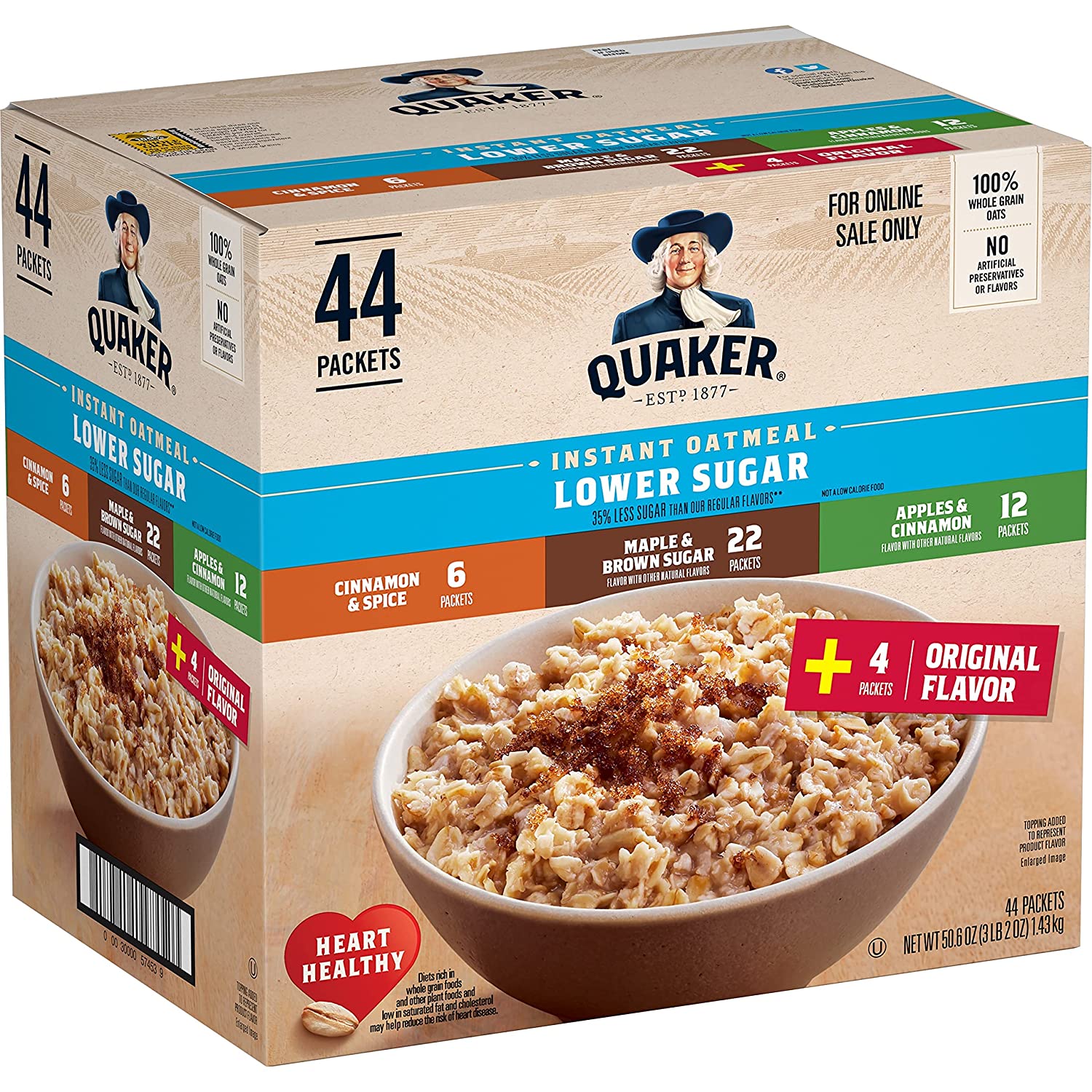 44-Count Quaker Lower Sugar Instant Oatmeal (4-Flavor Variety Pack) $9. ...