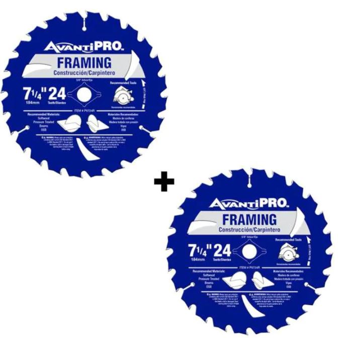 2 pack Avanti Pro 7-1/4 in. x 24-Tooth Framing Circular Saw Blade, $4. ...
