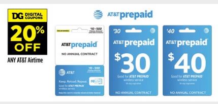 Dollar General in store, 20% off AT&T pre-paid cards w/ digital coupon