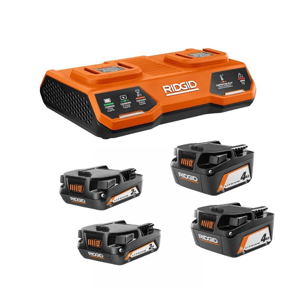 Ridgid 18V Dual Port Simultaneous Charger w/ 2x 2.0 Ah & 4.0 Ah Batteries