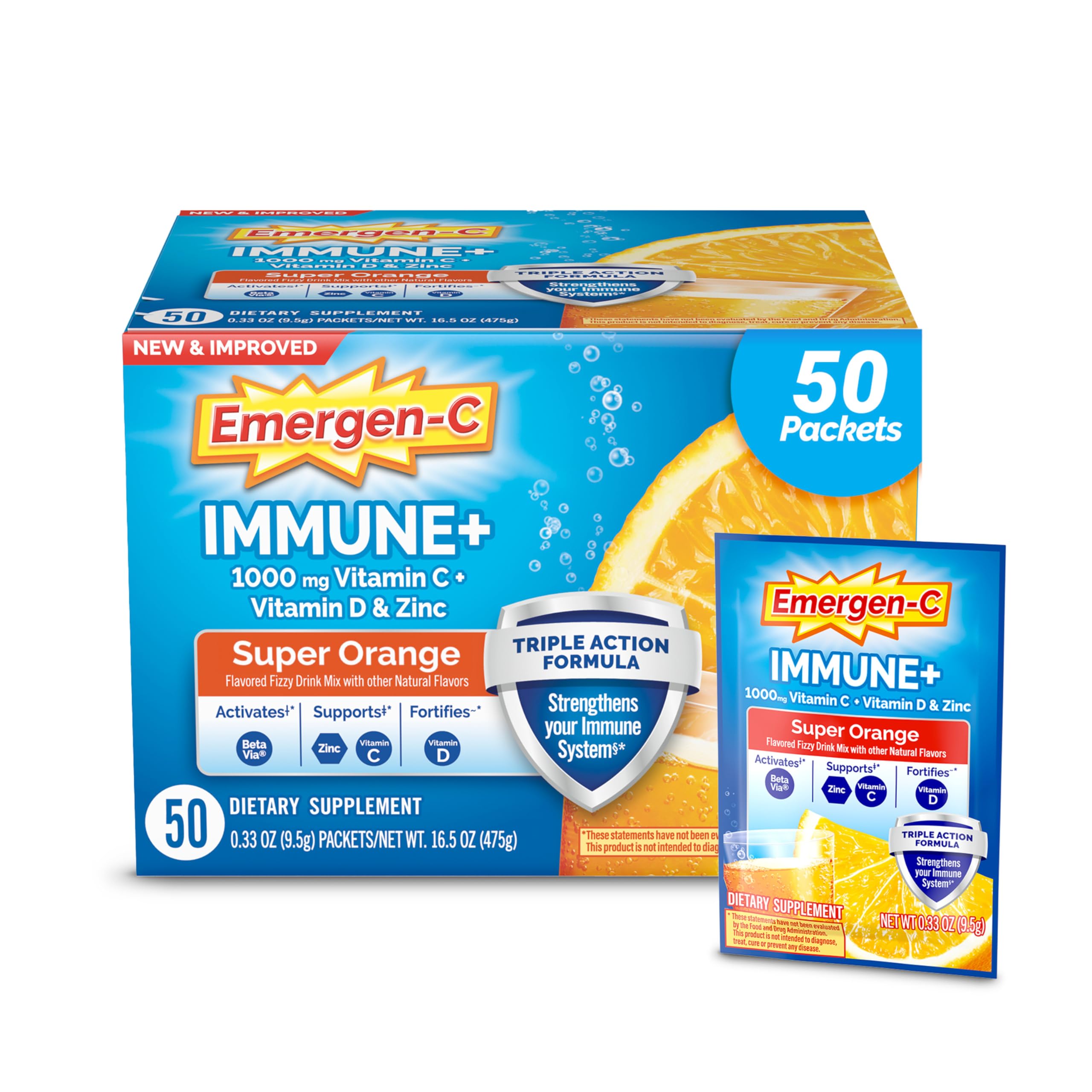 50-Count Emergen-C 1000mg Immune+ Triple Action Immune Support Powder ...