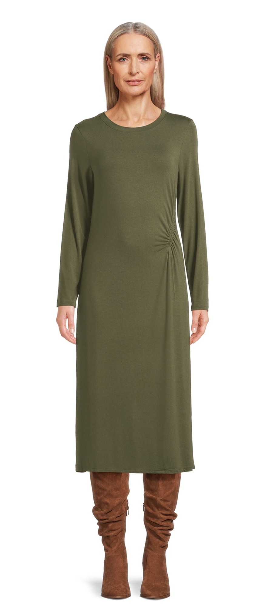 time-and-tru-women-s-long-sleeve-ruched-midi-dress-3-colors-from-2