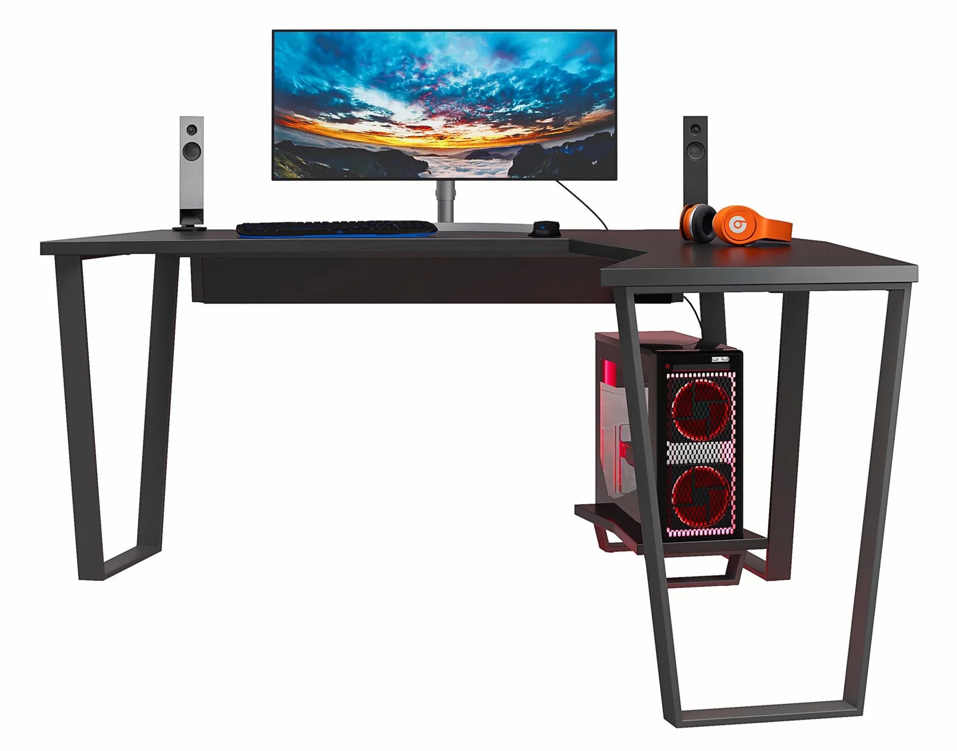 NTense Maxed Gaming L Desk w/ CPU Stand (Black)