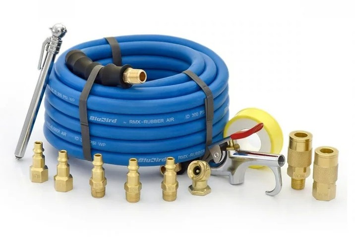 12-Piece BluBird Premium Air Hose Kit w/ 25' 3/8" Rubber Hose, Tools ...