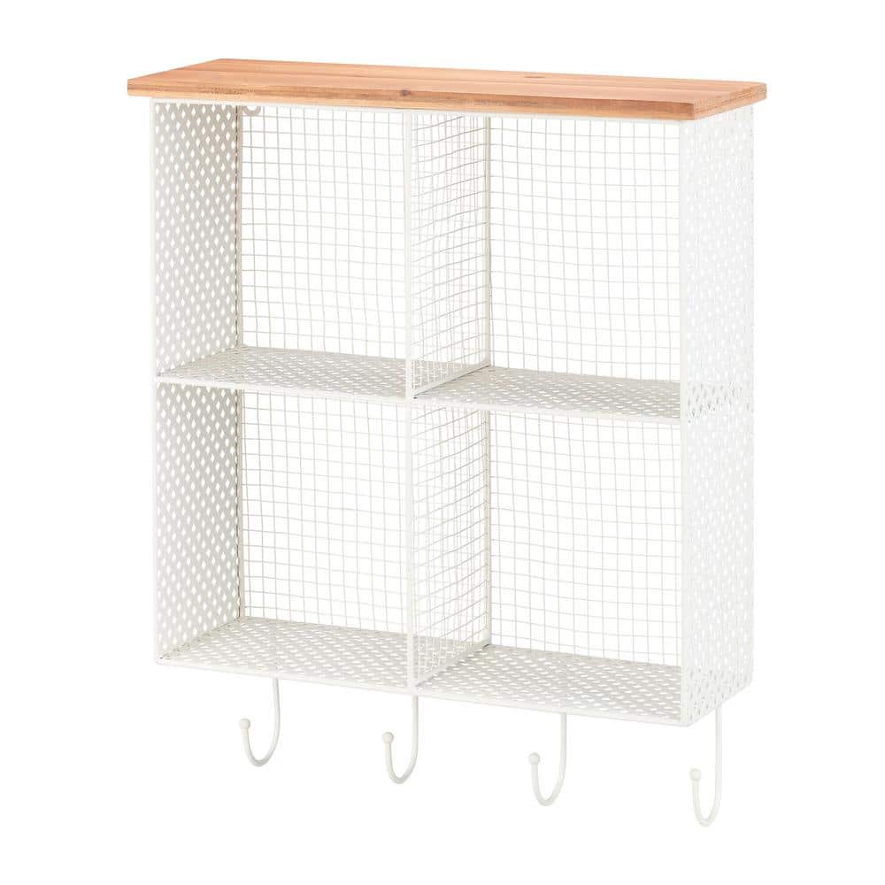 StyleWell Metal Wall-Mount Storage Shelf w/ 4 Hooks & Cubbies (White or ...