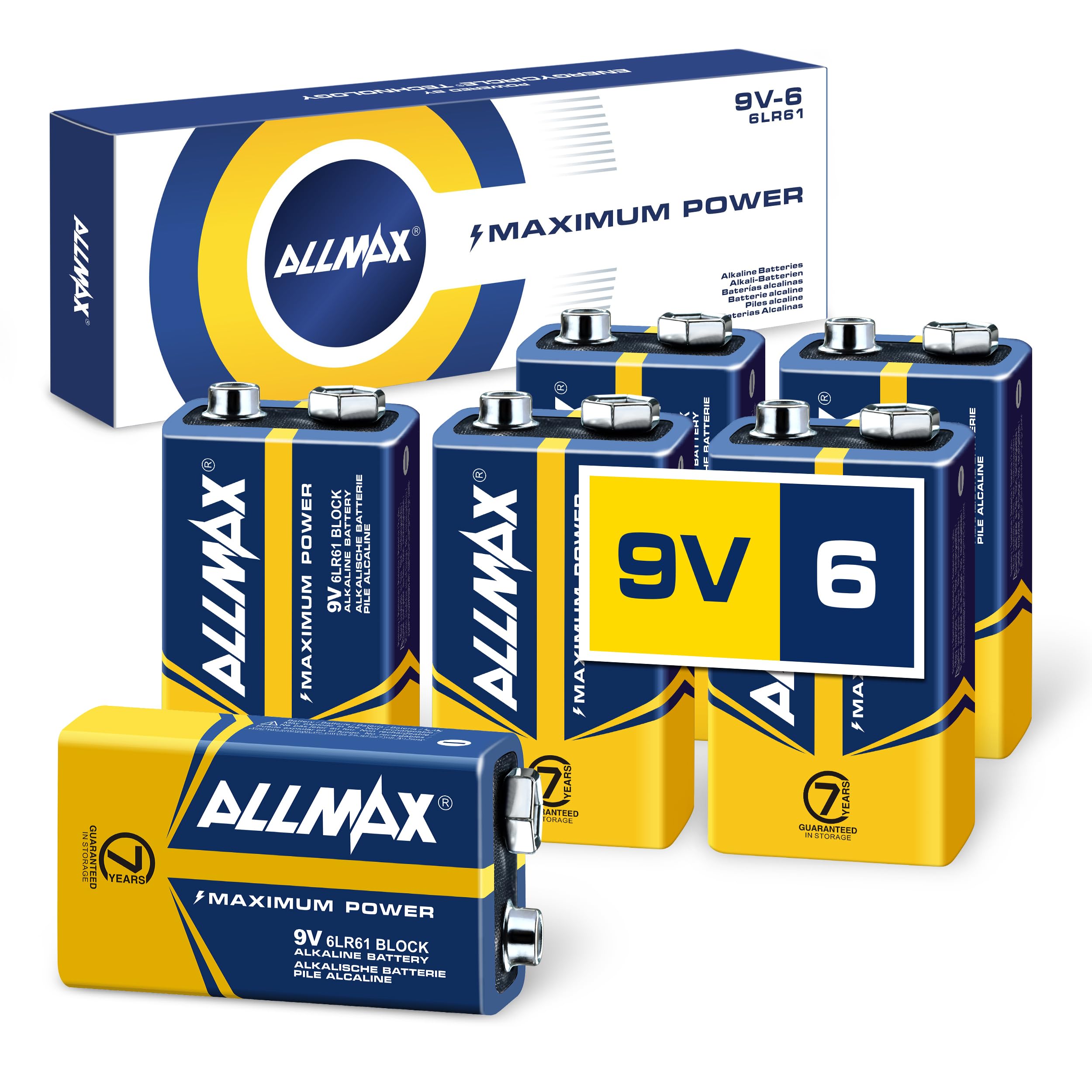 Allmax 9V Alkaline Batteries (6 Count) – 7-Year Shelf Life, Leakproof ...