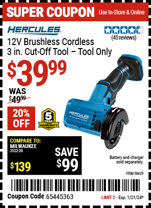 HERCULES 12V Brushless Cordless 3 in. Cut-Off Tool - Tool Only $39.99 ...