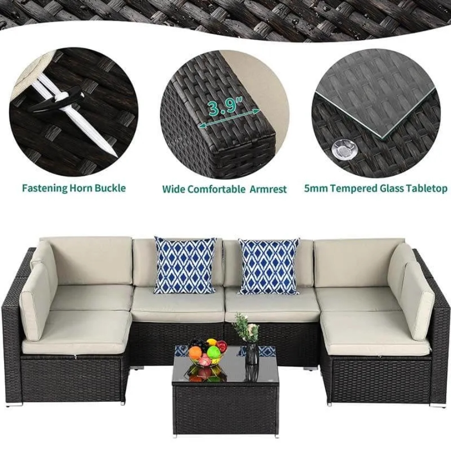 7 PC Yitahome Black PE Rattan Outdoor Conversation Sofa Set with Table ...