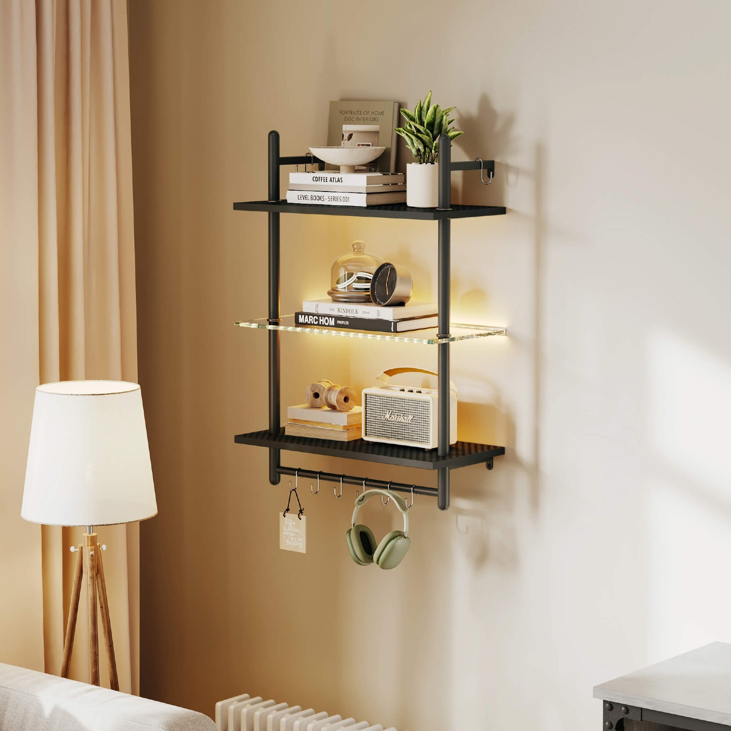 Bestier Gaming Floating Shelves 23” LED Wall-Mounted Shelf with Towel ...