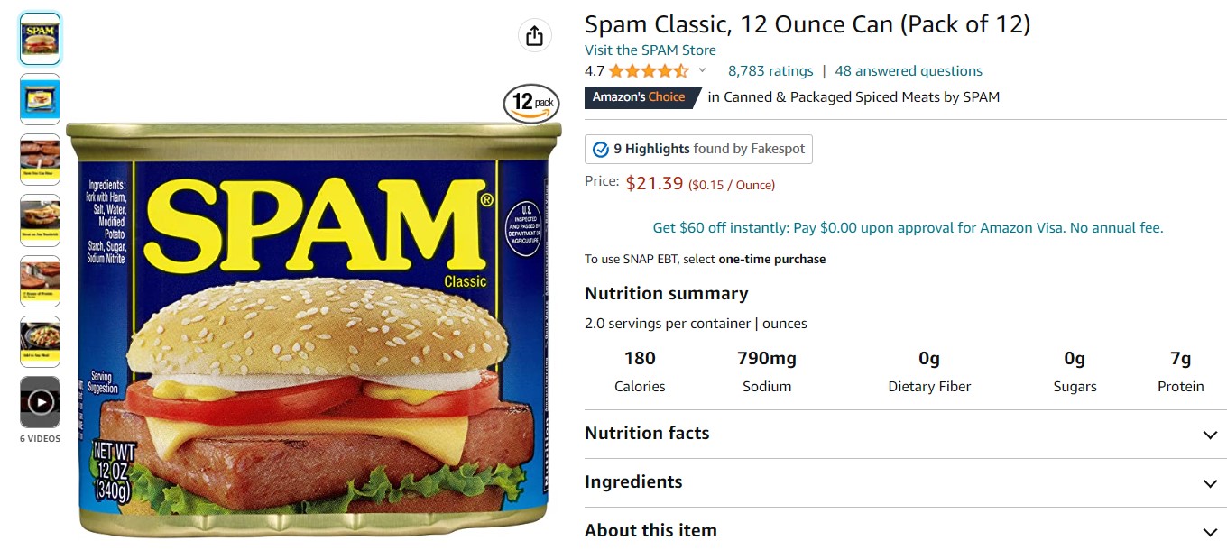 Spam Classic, 12 Ounce Can (Pack of 12) $21.39