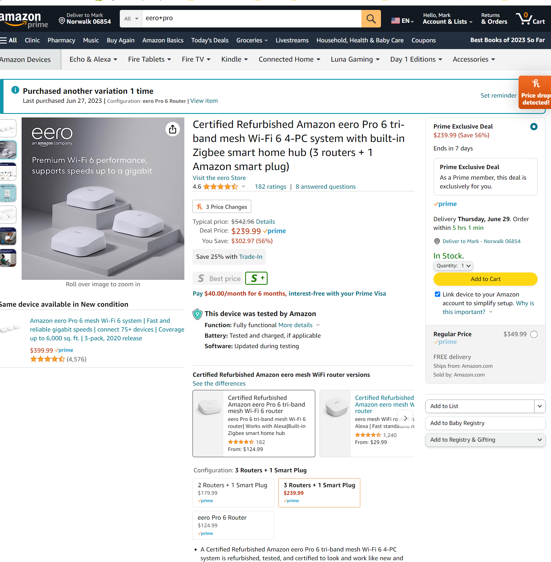 Eero Pro 6 3-pack + Amazon Smart Plug (refurb) $152.49 pre-tax w/trade discount (Prime Member Deal)