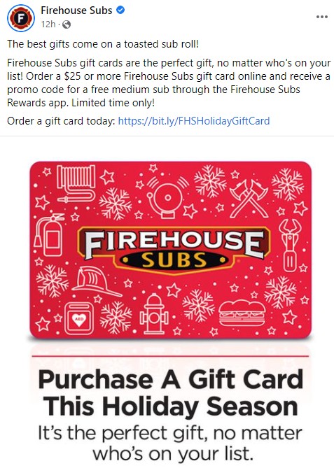 Firehouse Subs: Purchase a $25 Gift Card, Get Free Medium Sub (Expires ...