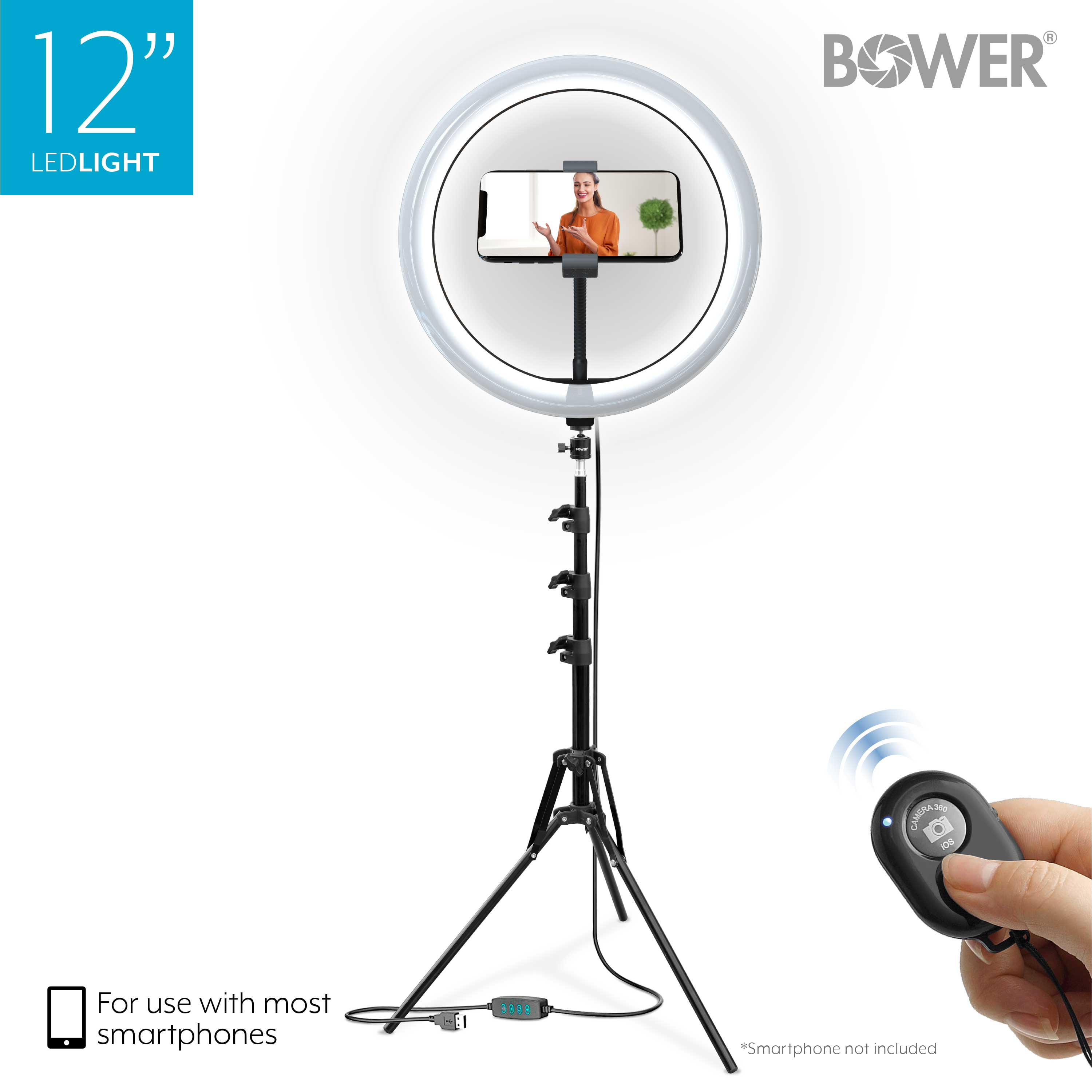 Bower 12” Studio Light USB Power Ball-Head Mount 62" Adjustable Tripod ...