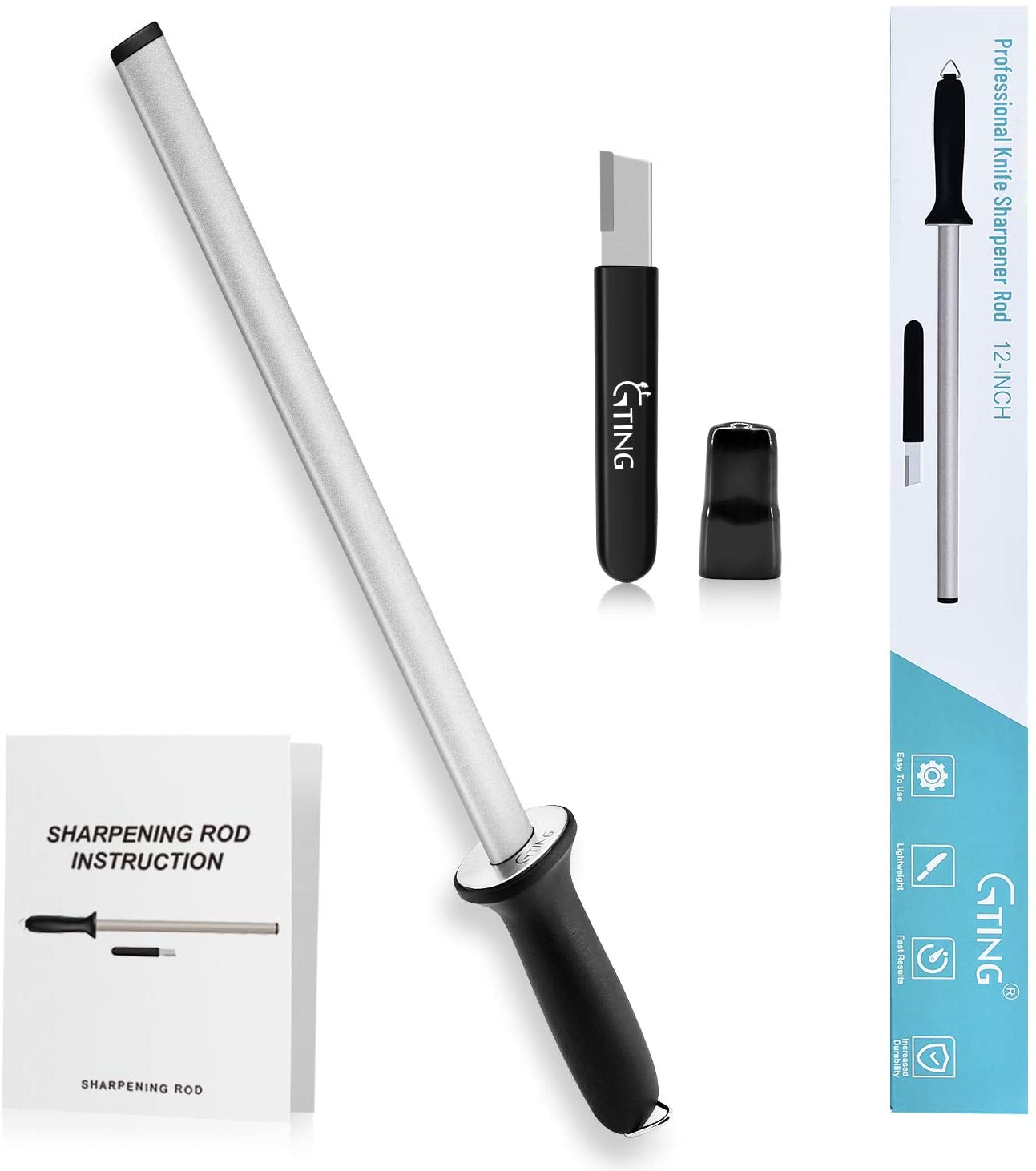 12 Inch Diamond Honing Steel, G-TING Professional Knife Sharpener Rod ...