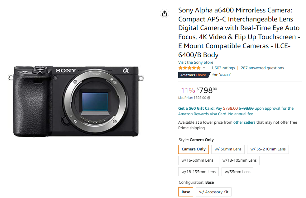 Sony Alpha a6400 Mirrorless 24.2MP 4K Camera Body Only, $100 OFF -> $798