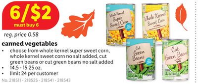 Lidl Canned Vegetables (Corn or Green Beans) - 6 cans for $2
