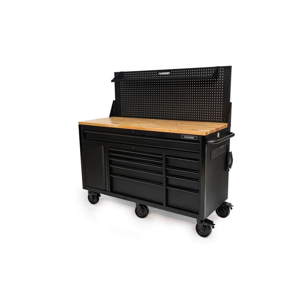 Husky Heavy-Duty 61" 10-Drawer 1-Door Workbench w/ Hardwood Top ...