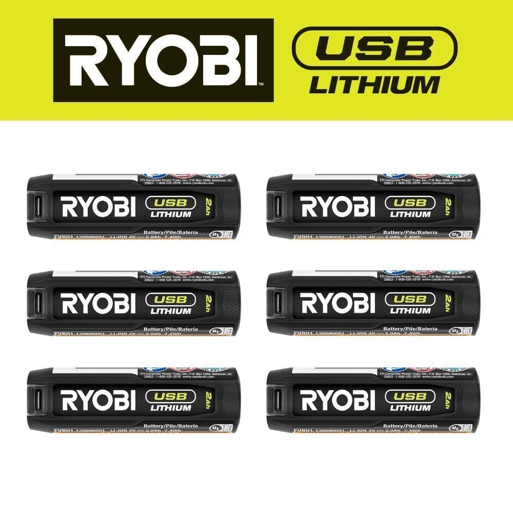 6-Pack RYOBI USB Lithium 2.0 Ah Rechargeable Batteries