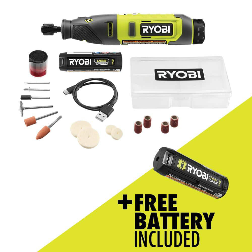 RYOBI USB Lithium Rotary Tool Kit with FREE USB Lithium 2.0 Ah Lithium ...