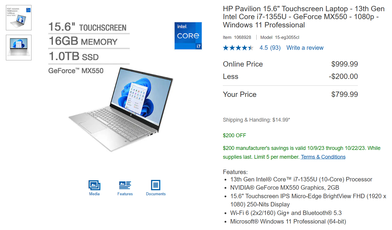Costco Members Deal: HP Pavilion 15.6" Touchscreen Laptop - 13th Gen ...