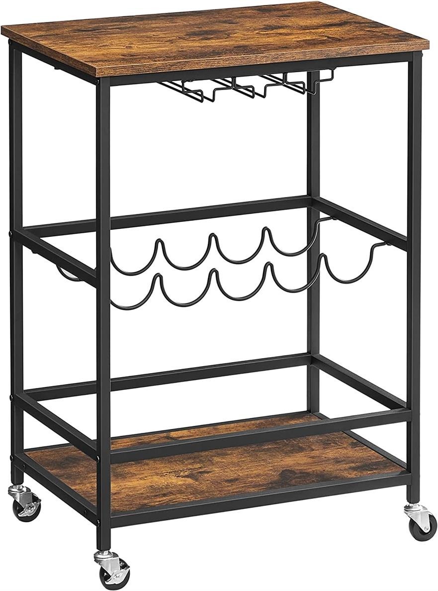 VASAGLE Serving Cart with Wheels, Glass Stemware Rack, & Wine Bottle ...