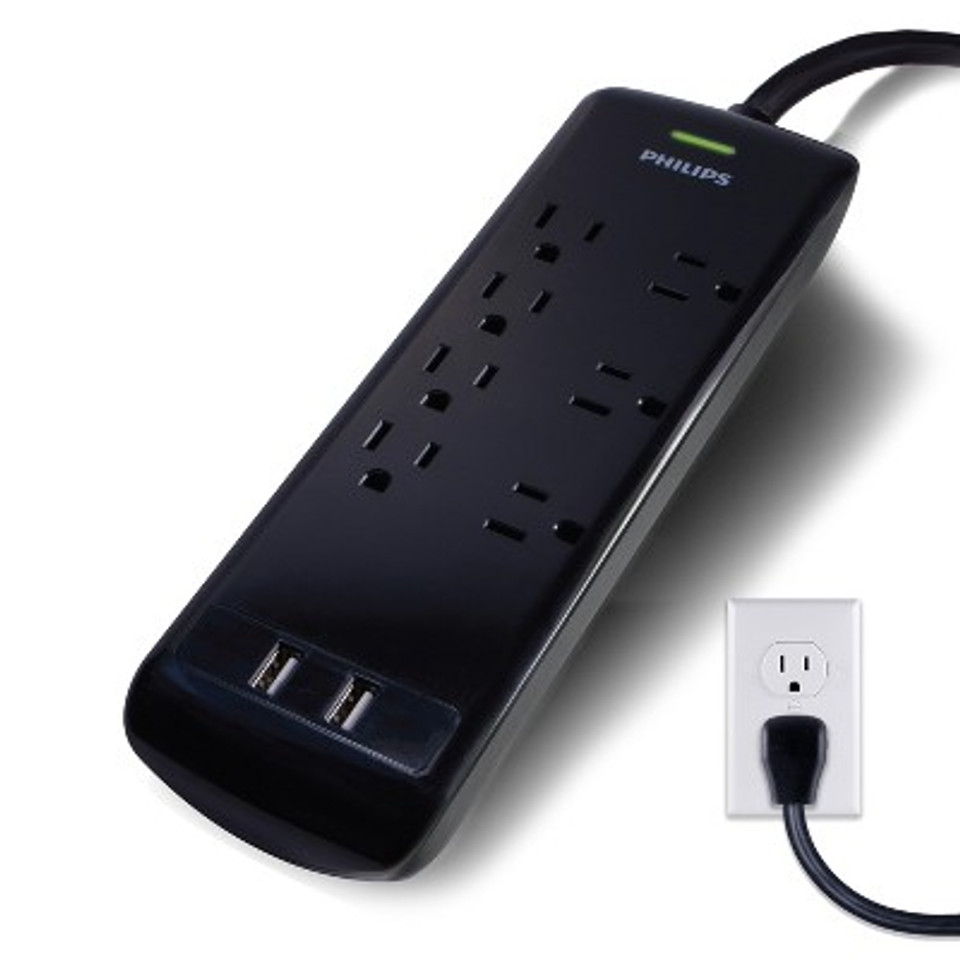 Philips 7 Outlet Surge Protector With 2 USB Charge Ports 2.4A Combined ...