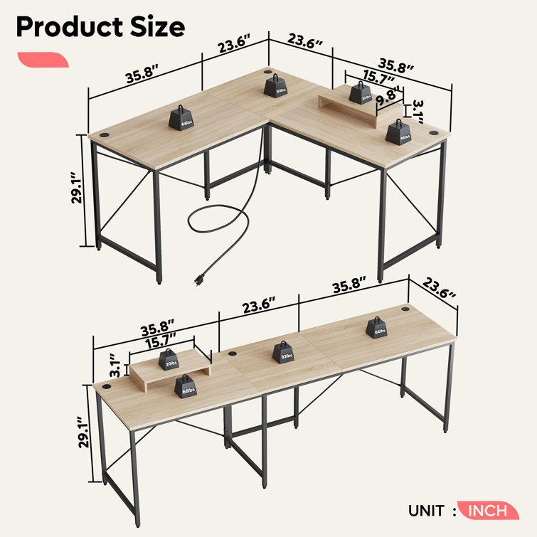 96" Inbox Zero Modular Wooden Desk w/ Metal Legs & Power Outlet (Oak ...