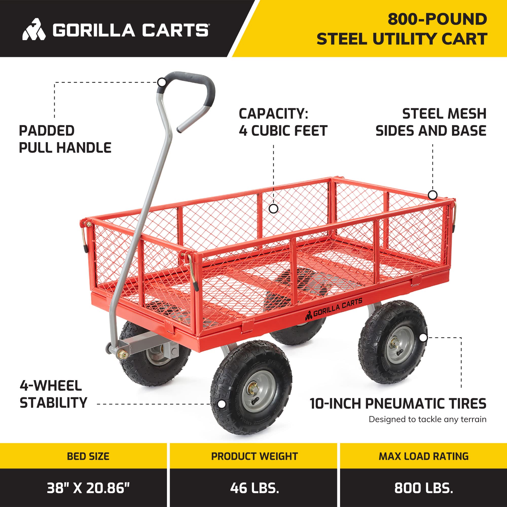 Gorilla Carts 800 Pound Capacity Heavy Duty Steel Mesh Versatile ... Gorilla Carts 800 Pound Capacity Heavy Duty Steel Mesh Versatile ...