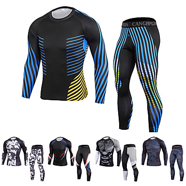 Men's 2-Piece Compression Suit Set Long Sleeve Patchwork Quick Dry Gym ...