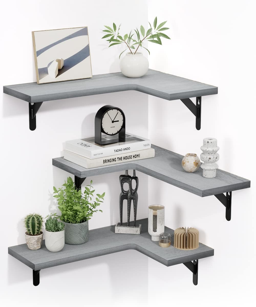 3-Piece Amada Homefurnishing Wall-Mounted Corner Shelves (Grey or ...