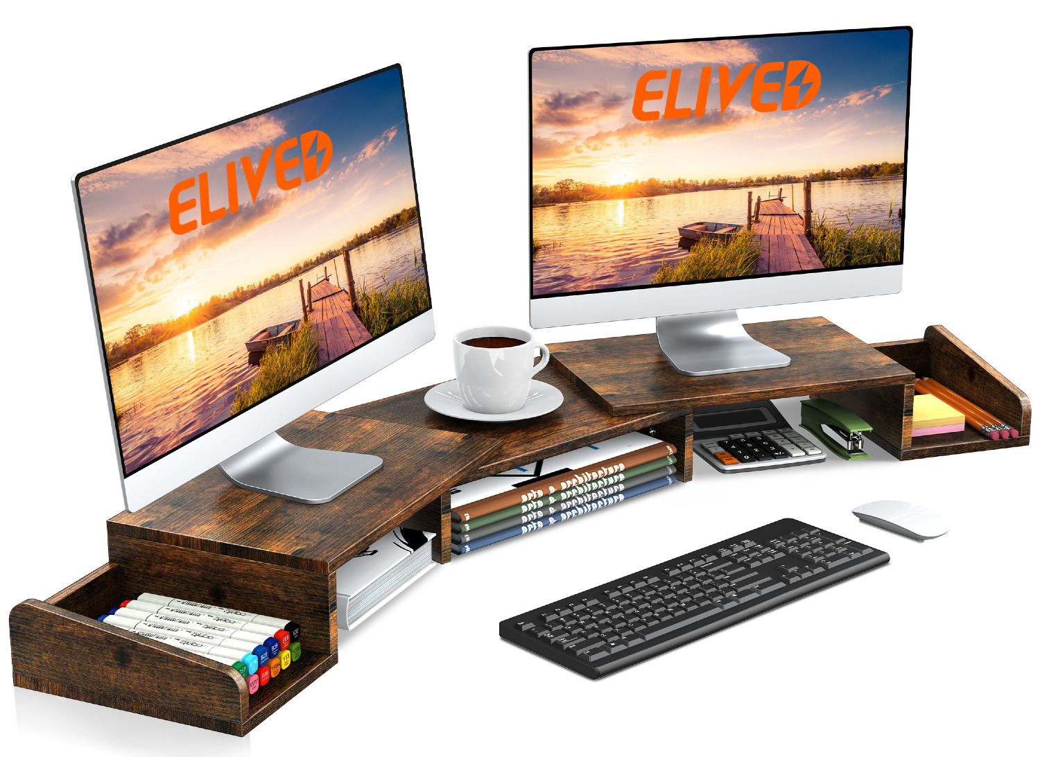 Elived Adjustable Dual Monitor Stand Desktop Organizer w/ 2 Swivel ...