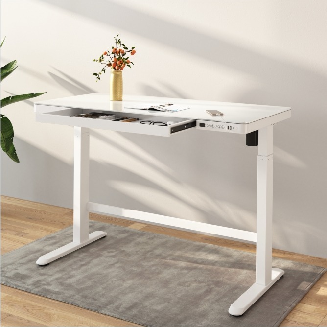 48"x24" FlexiSpot Comhar Standing Desk with Drawer (White, Glass Desktop)