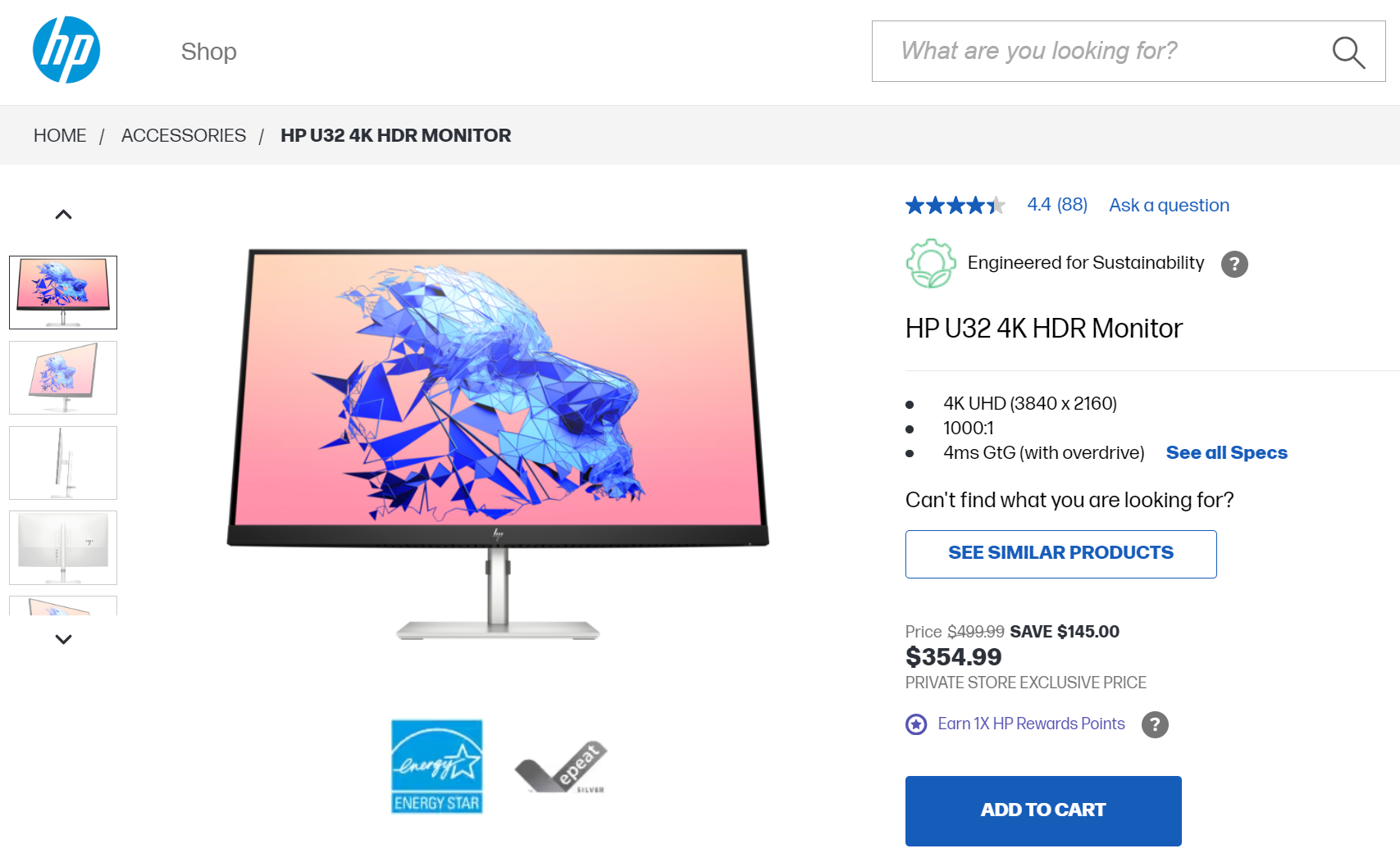 HP U32 32" 4K HDR Monitor $399