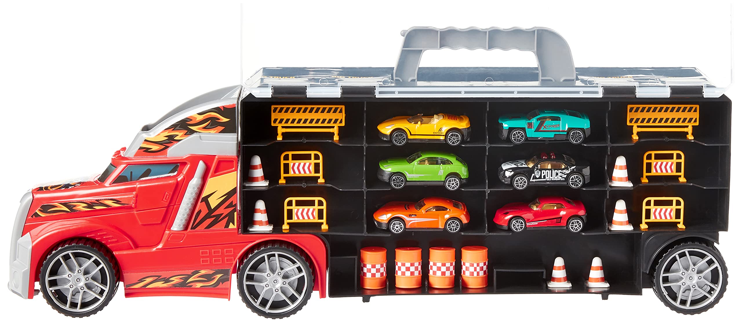 Prime Members: Amazon Basics Toy Car Carrier Truck w/ 6 Cars & 16 ...