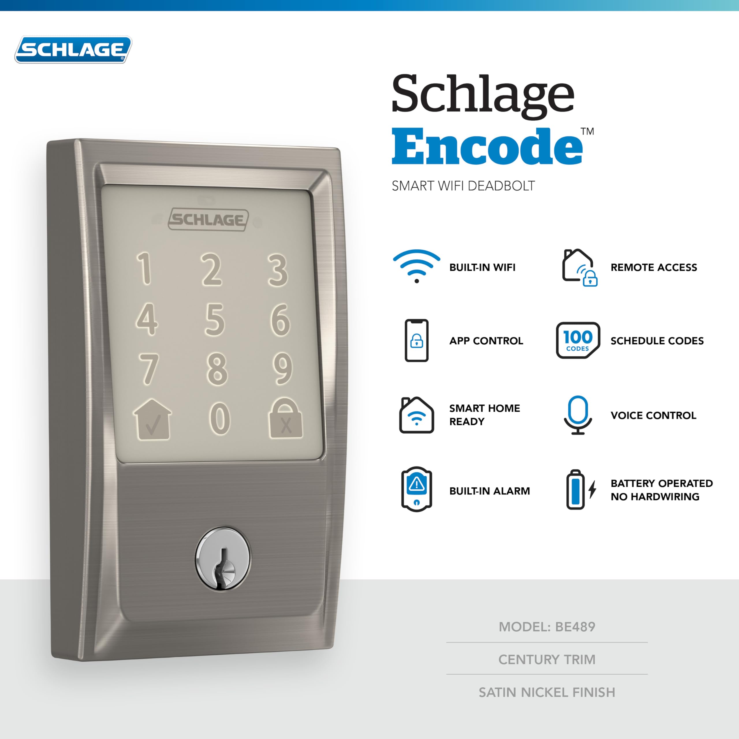 Schlage Encode Smart Wi-Fi Deadbolt with Century Trim in Satin Nickel ... Schlage Encode Smart Wi-Fi Deadbolt with Century Trim in Satin Nickel ...