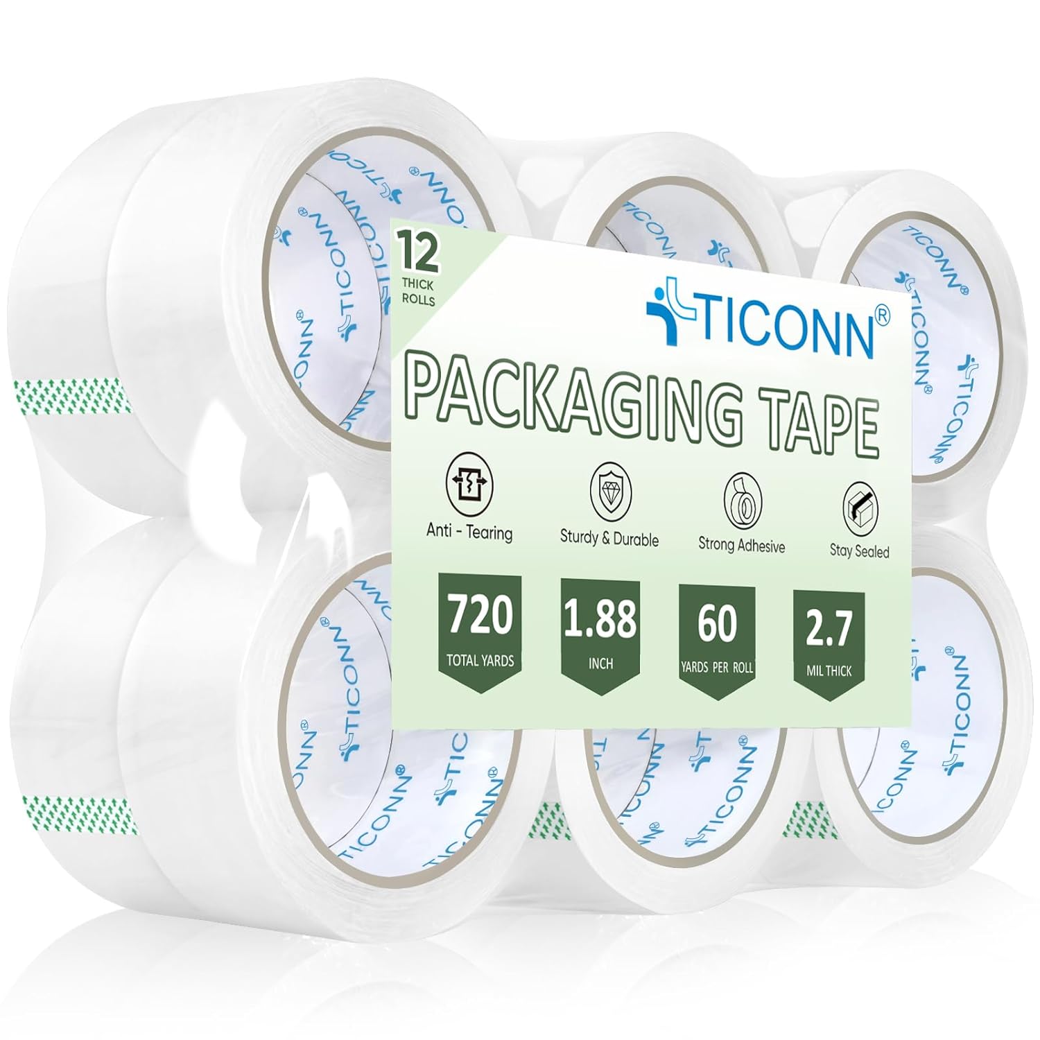 12-Pack TICONN Clear Heavy Duty Packaging Tape Refills (1.88" x 60-Yard)