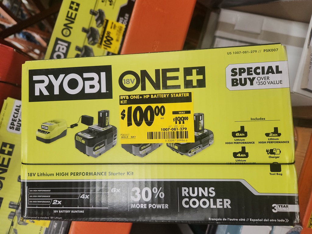 Ryobi +HP 2Ah/4Ah/6Ah 3 pack for $100 on clearance rack at Home Depot. YMMV Ryobi +HP 2Ah/4Ah/6Ah 3 pack for $100 on clearance rack at Home Depot. YMMV