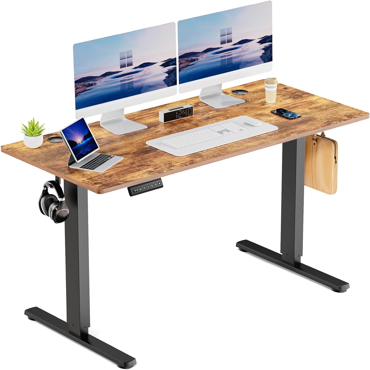 55" Dumos Height-Adjustable Electric Standing Office Desk (Rustic Brown ...