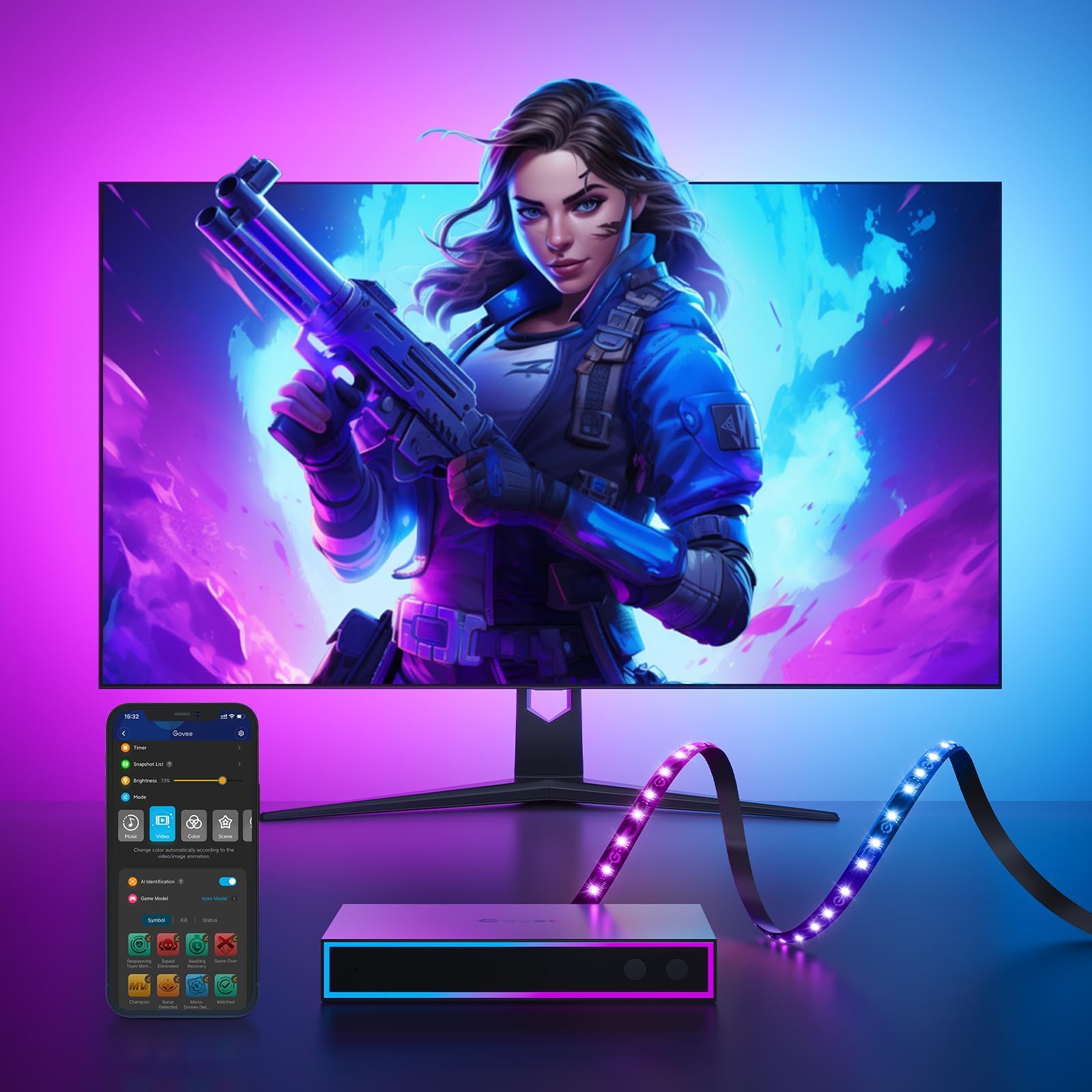 Govee AI Sync Box W RGBIC LED Monitor Backlight Light Strip For 27