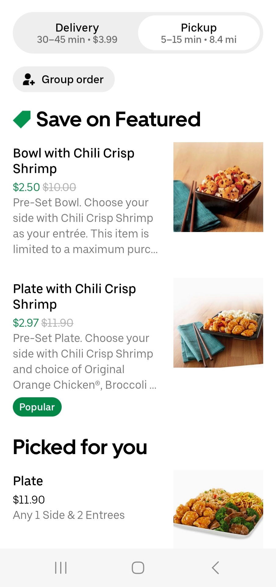 YMMV Panda express through Uber eats pickup chilie crisp shrimp plate $2.97