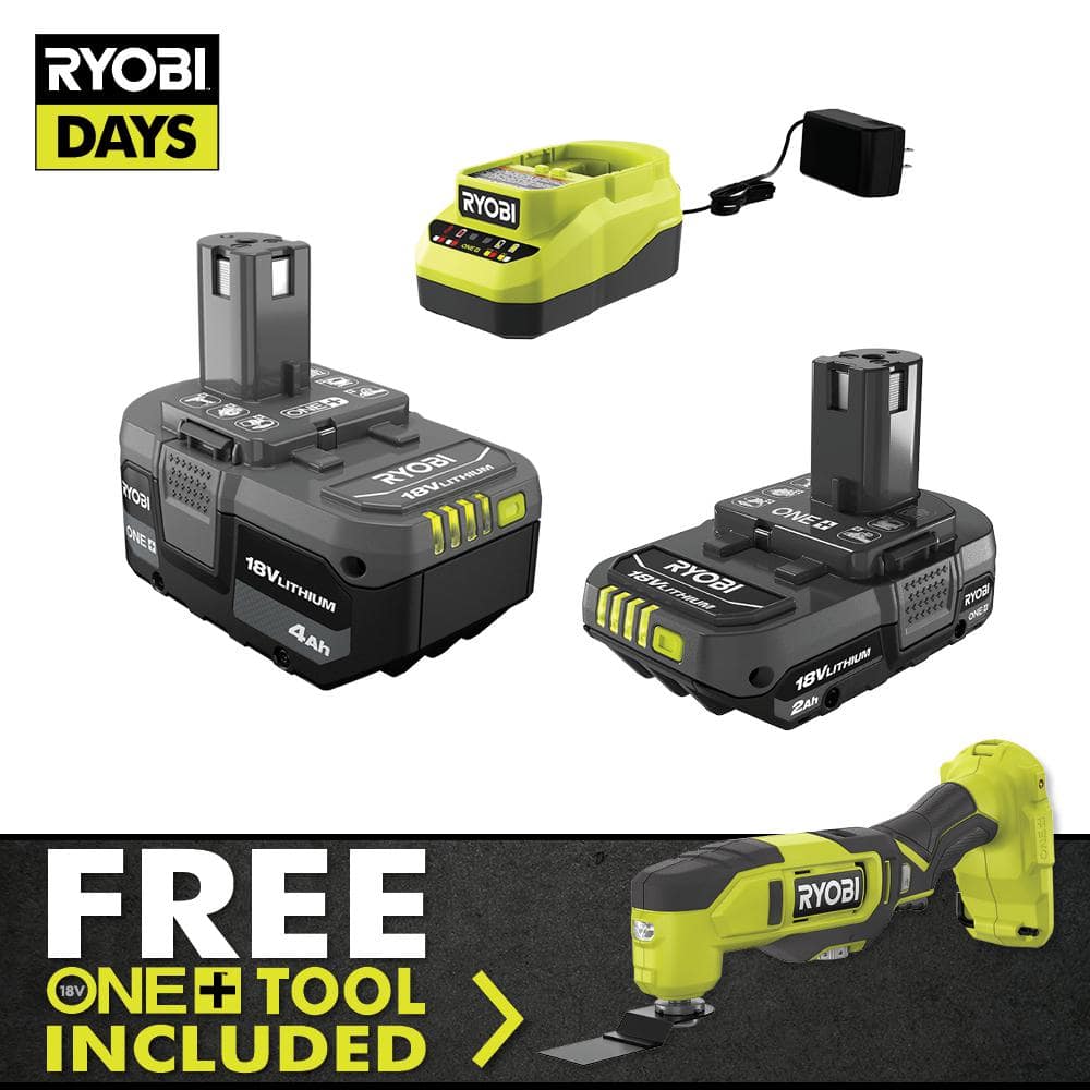 RYOBI ONE+ 18V 4.0 Ah + 2.0 Ah Batteries + Charger Kit w/ Cordless ...