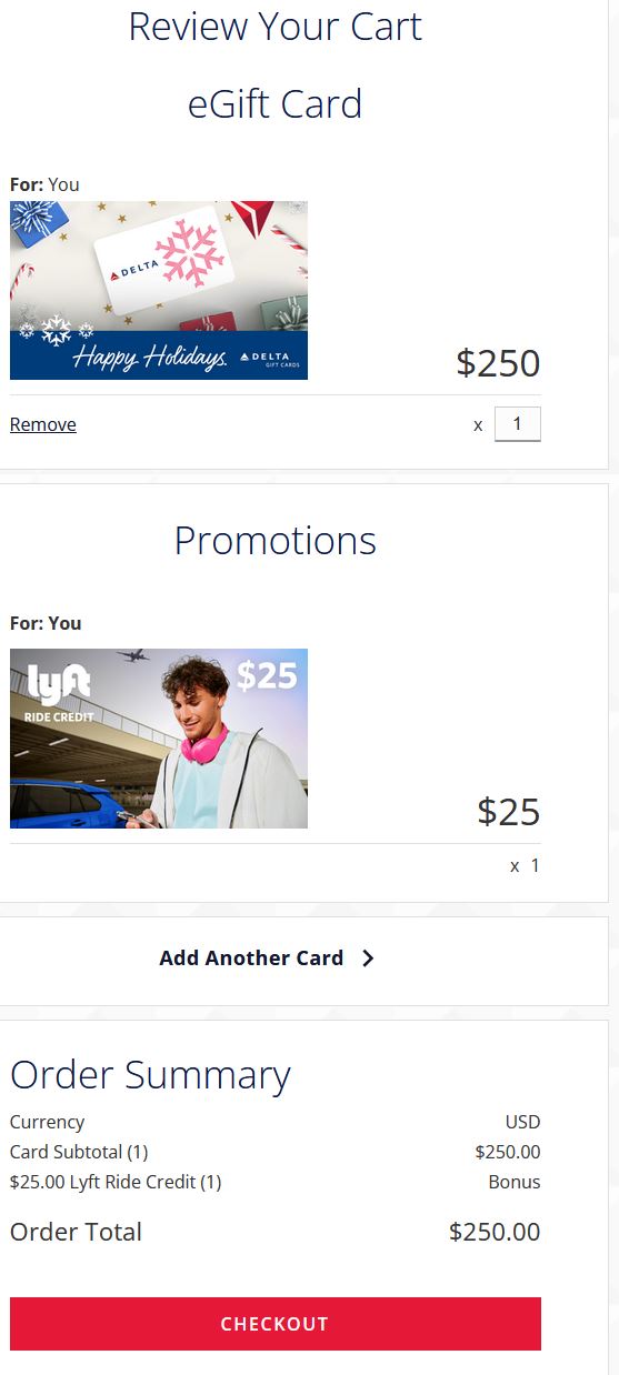 Get a $25 Lyft Ride Credit when you spend $250 or more in Delta Gift Cards