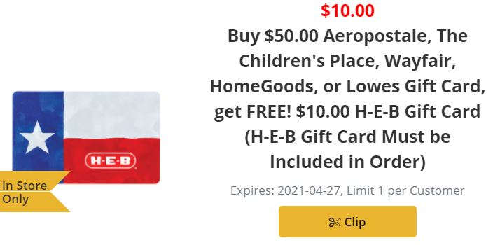 HEB Gift Card, Get a $10 HEB Gift Card when you buy $50 of Lowes or ...